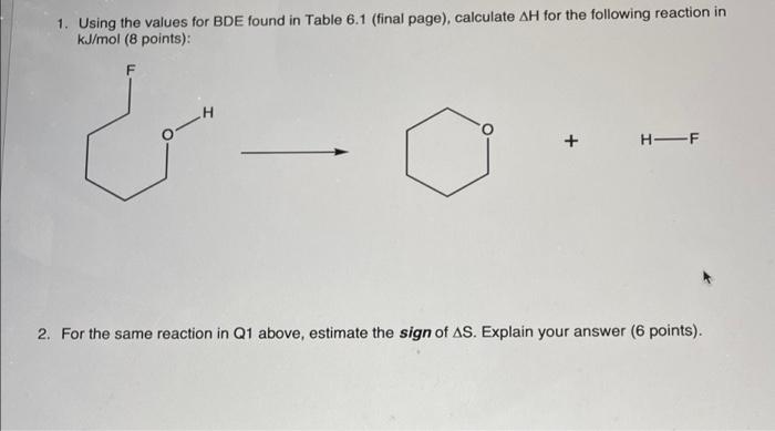 Solved 1. Using the values for BDE found in Table 6.1 (final | Chegg.com
