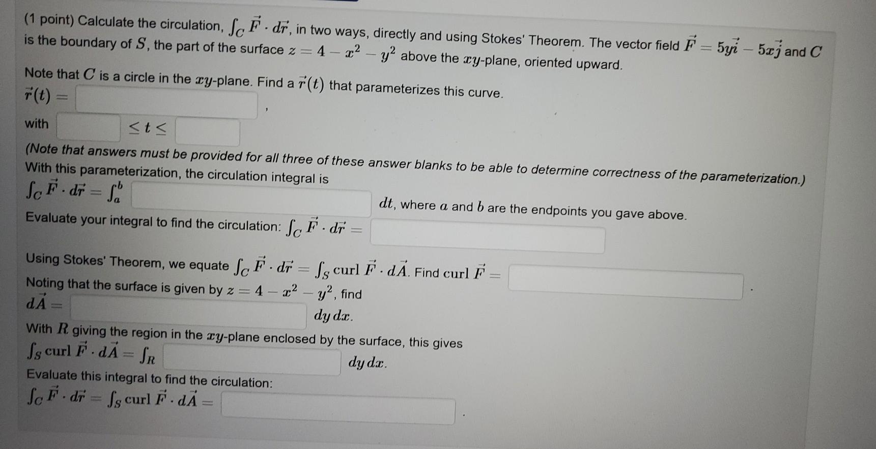 Solved (1 point) Calculate the circulation, ScF.dr, in two | Chegg.com