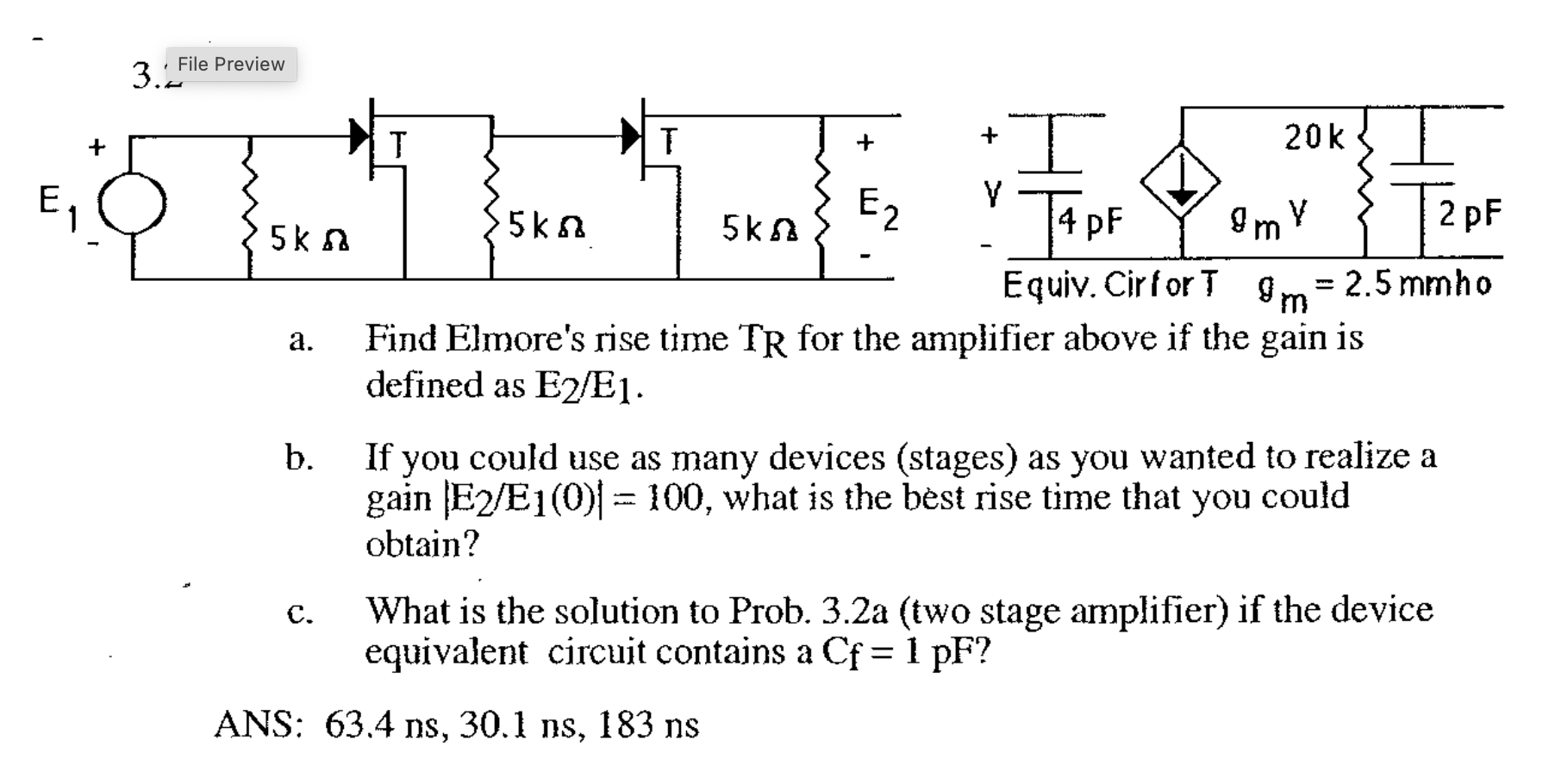 Solved a. ﻿Find Elmore's rise time TRR ﻿for the amplifier | Chegg.com