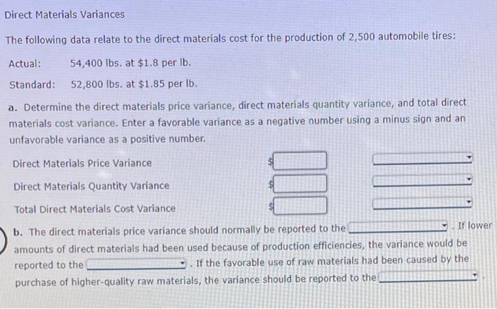 Solved Direct Materials Variances The following data relate | Chegg.com