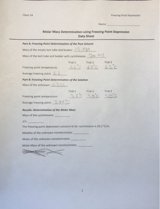 Solved Chem 1A Freezing Point Depression Name: Molar Mass | Chegg.com