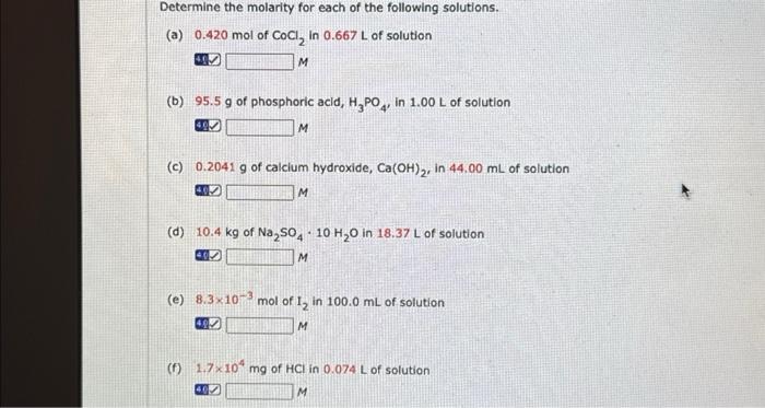 Solved Determine the molarity for each of the following | Chegg.com