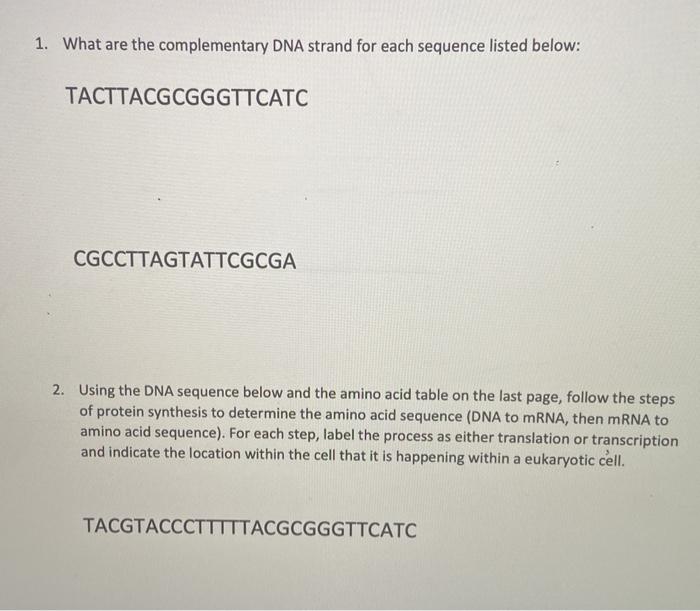 Solved 1. What are the complementary DNA strand for each | Chegg.com