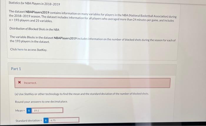 Statistics for NBA Players in 2018-2019 The dataset | Chegg.com