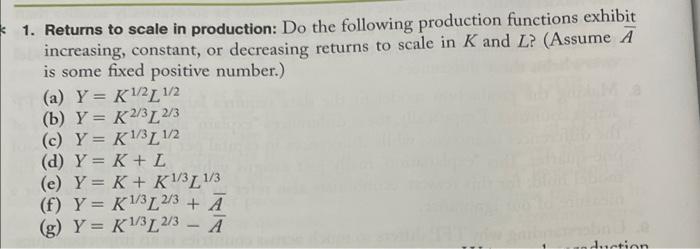 Solved 1. Returns to scale in production: Do the following | Chegg.com