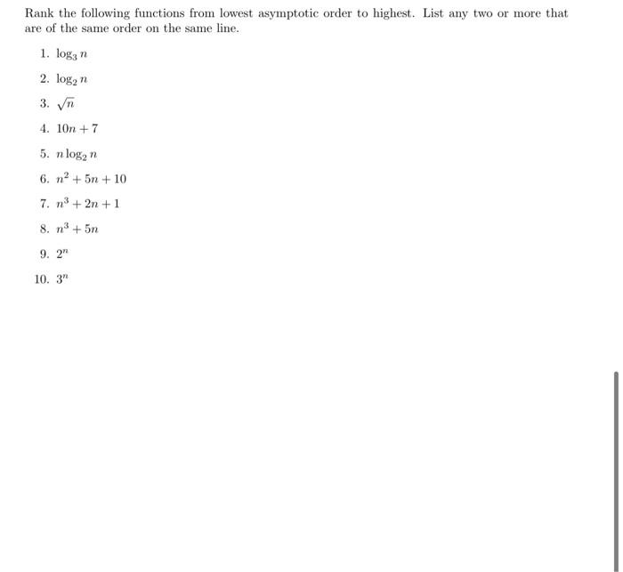 Solved Rank the following functions from lowest asymptotic | Chegg.com