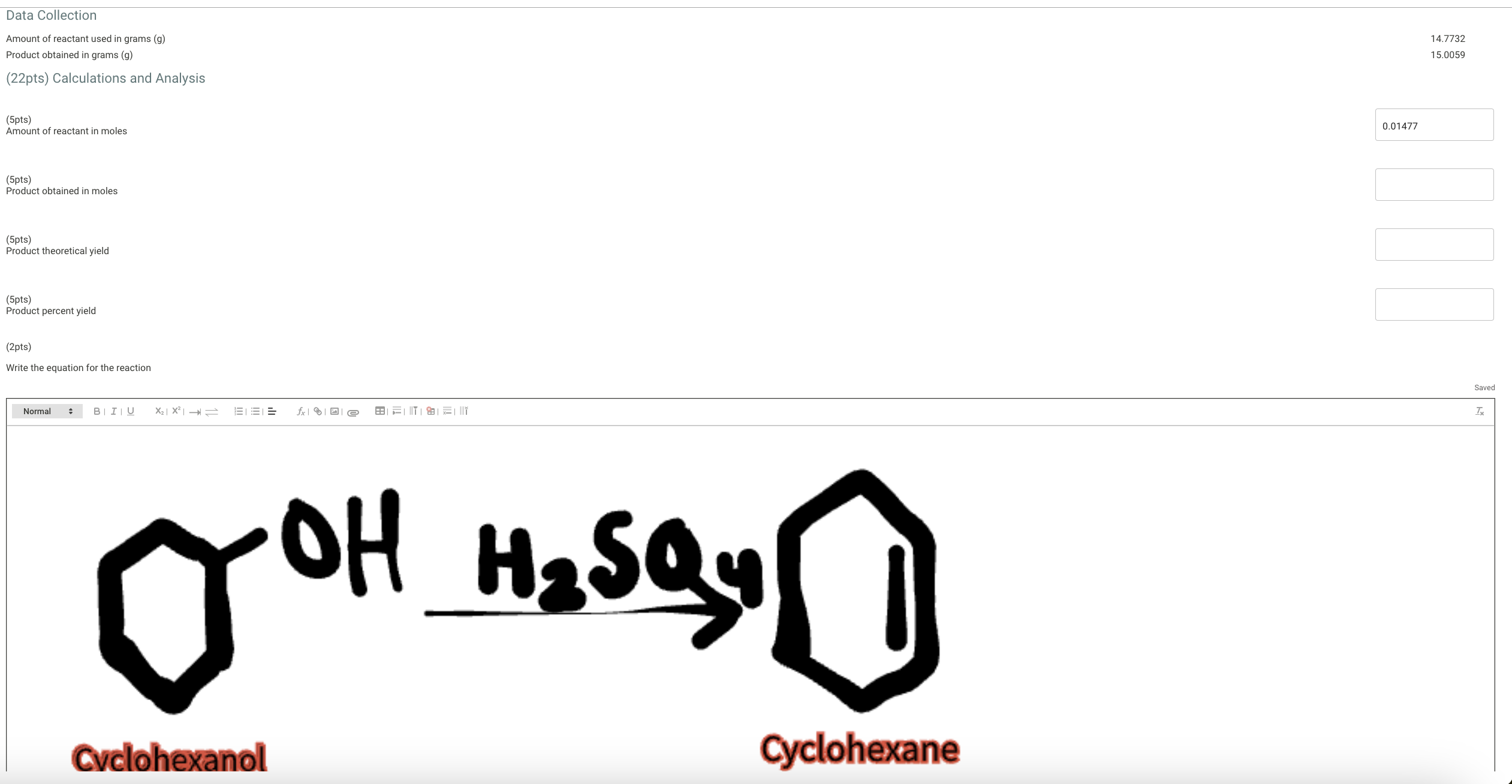 Solved Data CollectionAmount of reactant used in grams | Chegg.com