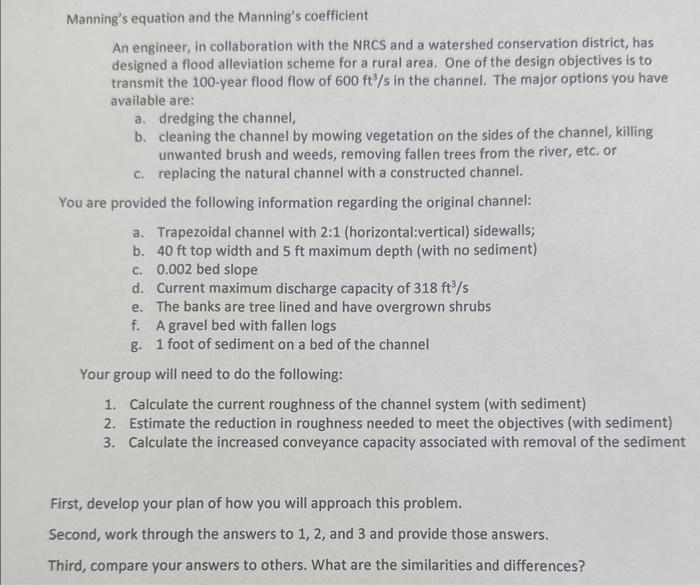 Solved Manning's equation and the Manning's coefficient An | Chegg.com