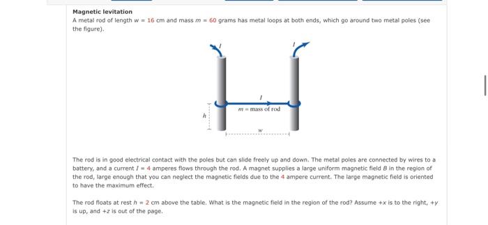 Magnetic levitation A metal rod of length w=16 cm and | Chegg.com