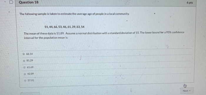 Solved Question 17 6 Pts A Random Sample Of 100 Observations