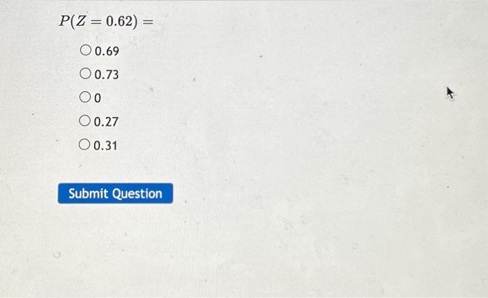 Solved P(Z=0.62)= | Chegg.com