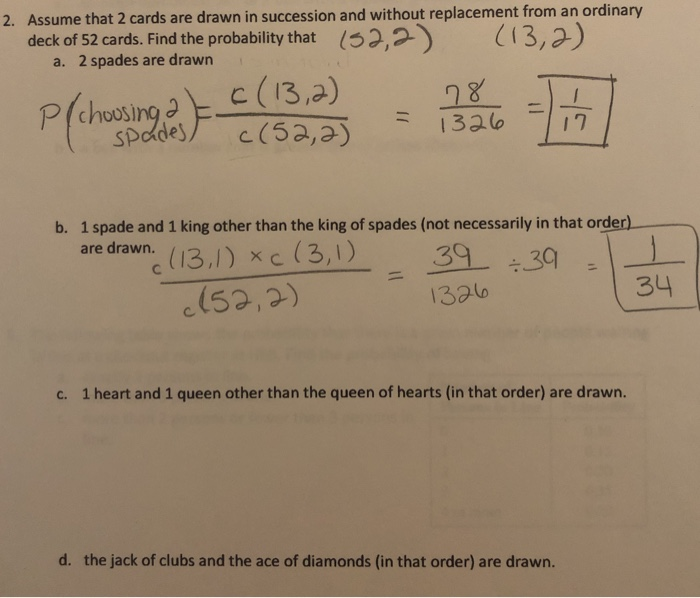 Solved Assume that 2 cards are drawn in succession and | Chegg.com