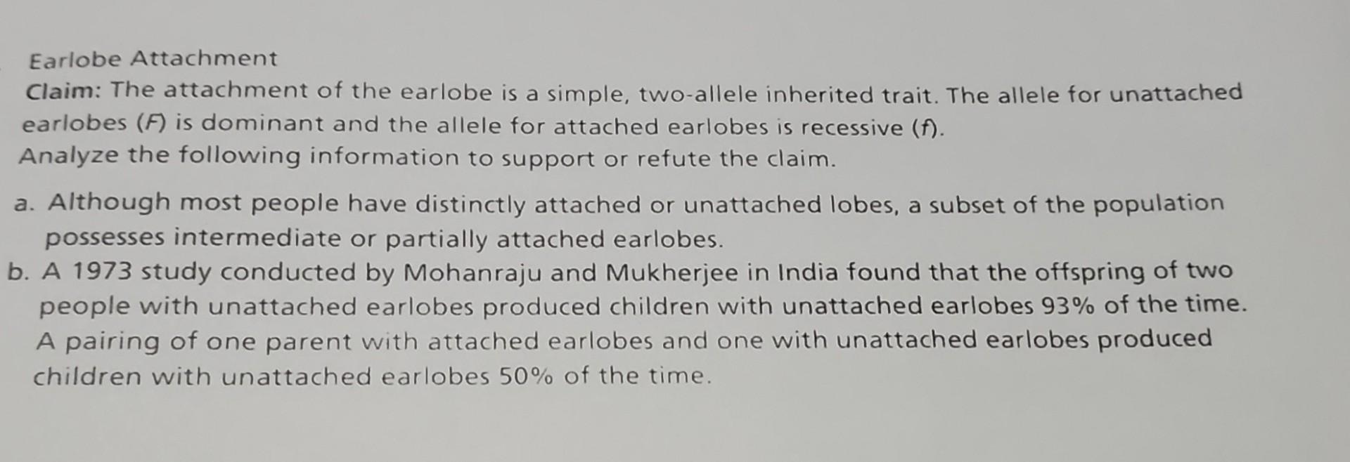 Solved Earlobe Attachment Claim: The attachment of the | Chegg.com