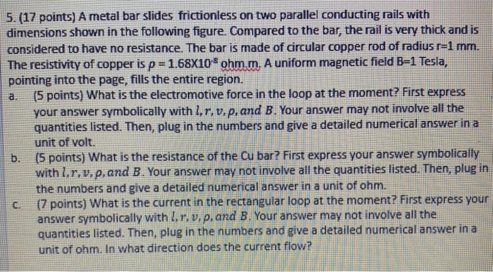 Solved a. 5. (17 points) A metal bar slides frictionless on | Chegg.com