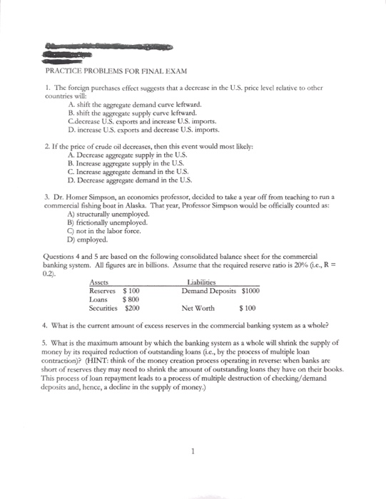 Solved PRACTICE PROBLEMS FOR FINAL EXAM 1. The foreign | Chegg.com