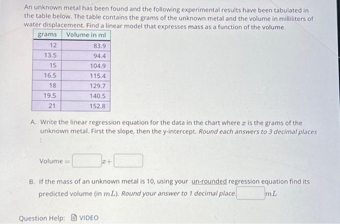 Solved An unknown metal has been found and the following | Chegg.com