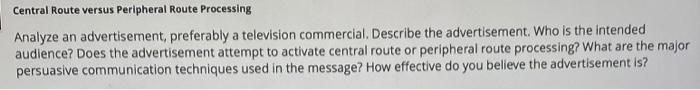 Solved Central Route versus Peripheral Route Processing | Chegg.com