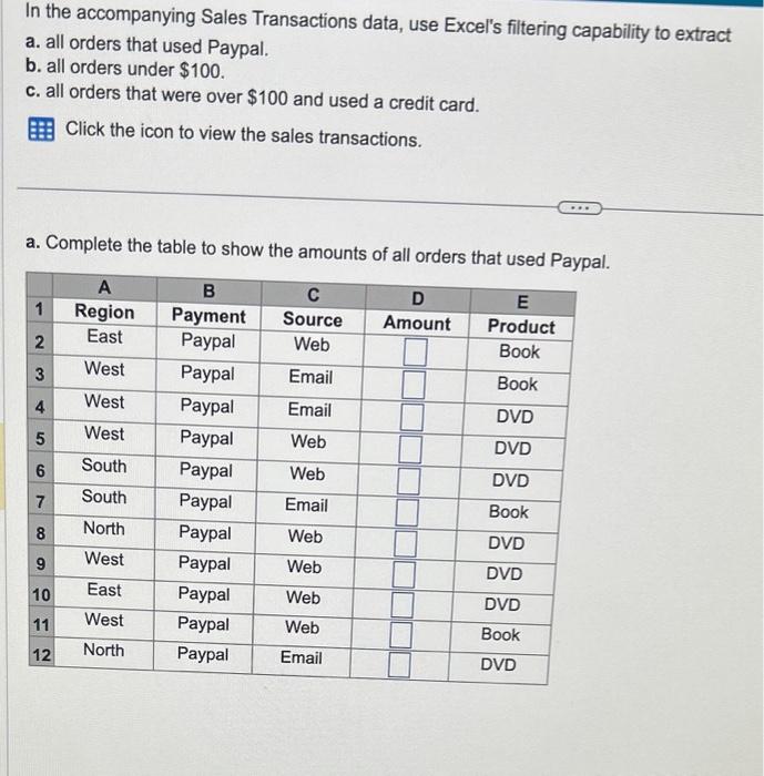 Solved In the accompanying Sales Transactions data, use | Chegg.com