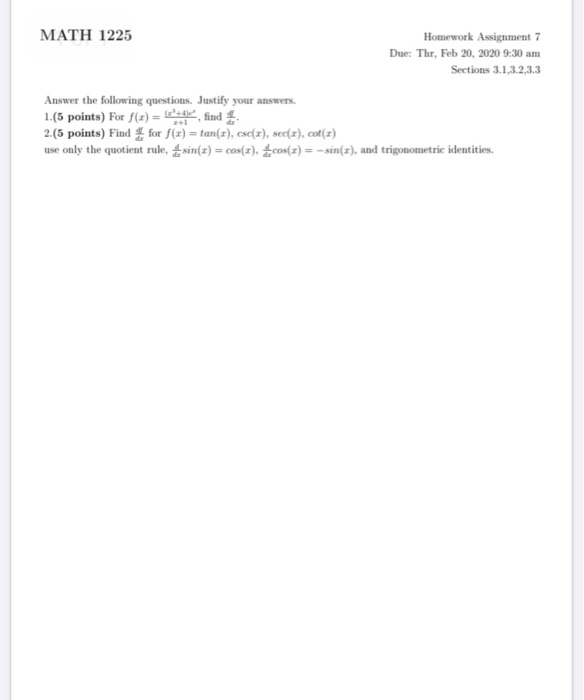 Solved MATH 1225 Homework Assignment 7 Due: Thr, Feb 20, | Chegg.com