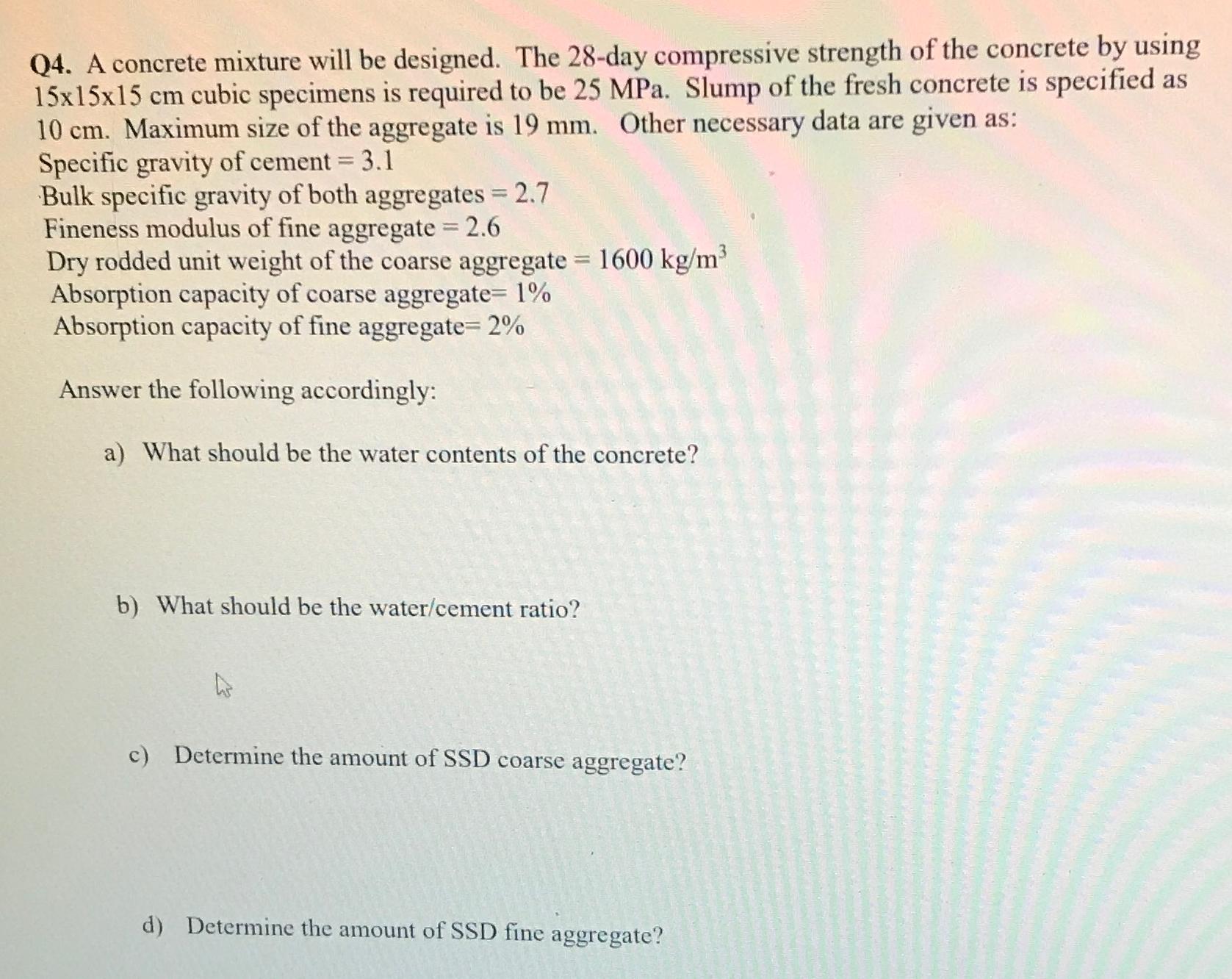 Solved Q4. ﻿A concrete mixture will be designed. The 28-day | Chegg.com