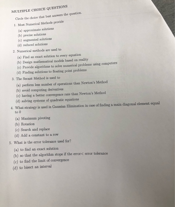 Solved MULTIPLE CHOICE QUESTIONS Circle the choice that best | Chegg.com