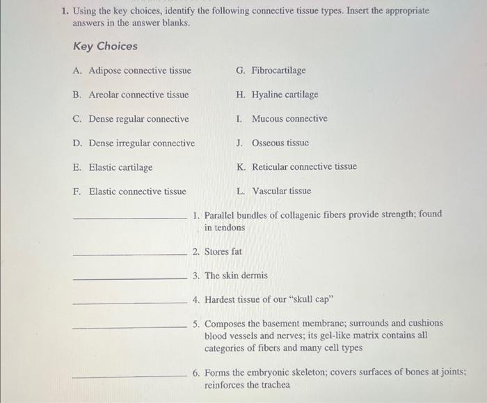 Solved 1. Using the key choices, identify the following | Chegg.com