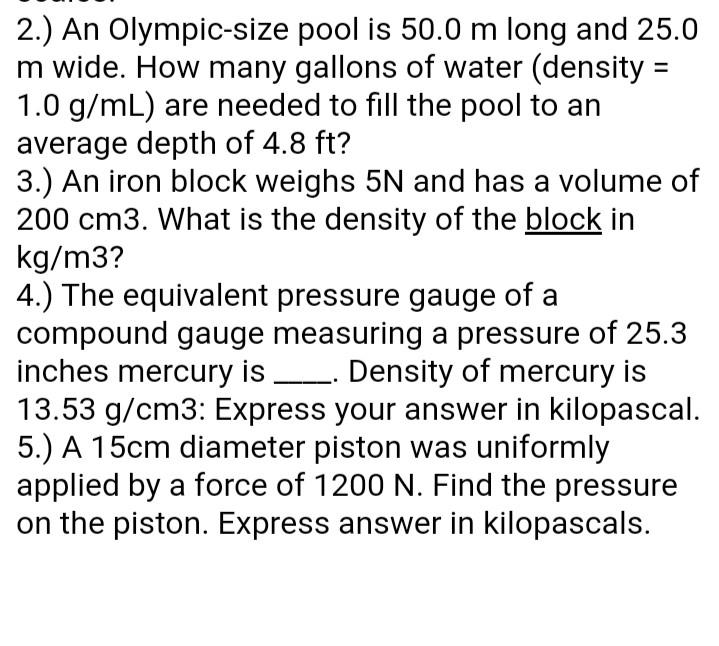 Solved 2.) An Olympic-size pool is 50.0 m long and 25.0 m | Chegg.com