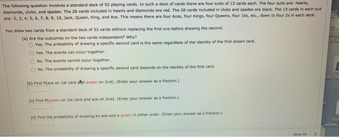 Solved The following question involves a standard deck of 52 | Chegg.com