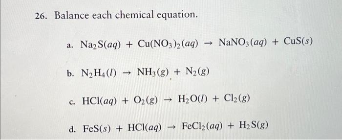 Solved 26. Balance each chemical equation. a. Na₂S(aq) + | Chegg.com