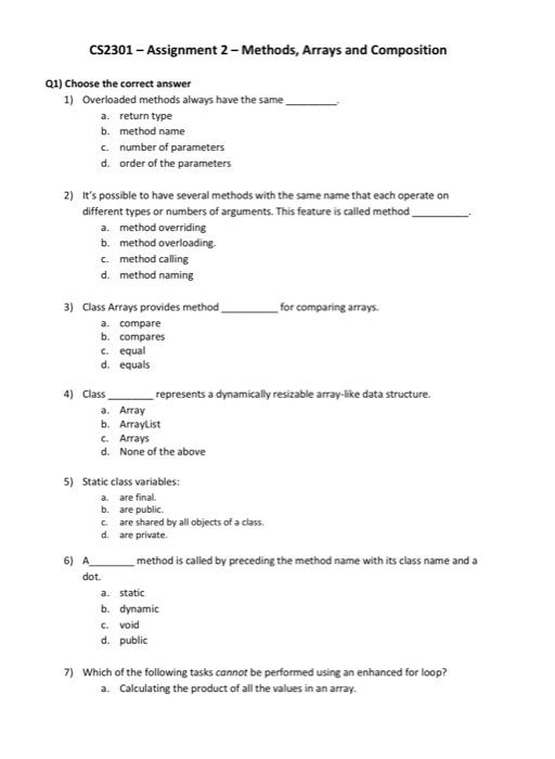 Solved CS2301 - Assignment 2- Methods, Arrays and | Chegg.com