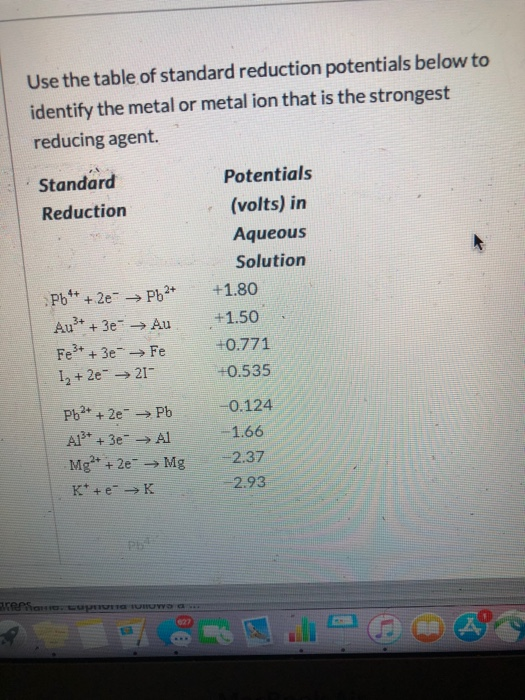 Solved Use the table of standard reduction potentials below | Chegg.com