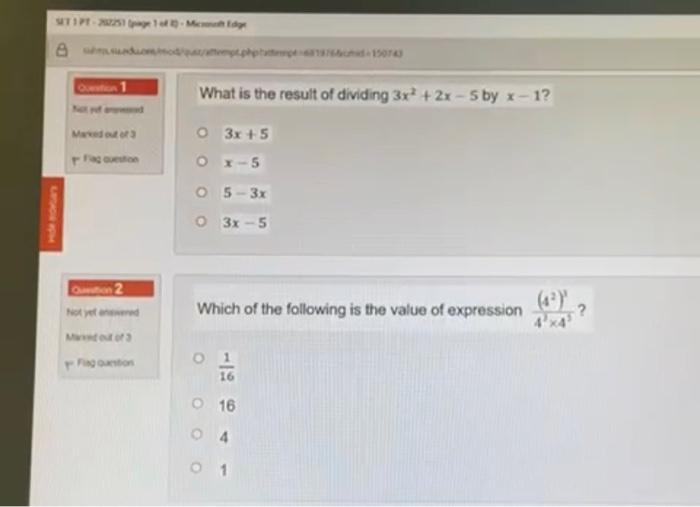 Solved What is the result of dividing 3x2+2x−5 by x−1 ? 3x+5 | Chegg.com