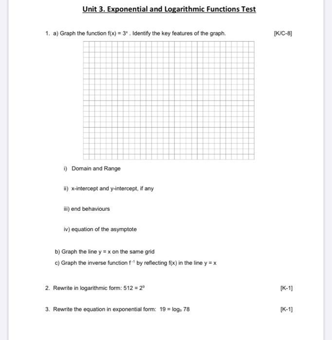 Solved Unit 3. Exponential and Logarithmic Functions Test 1. | Chegg.com