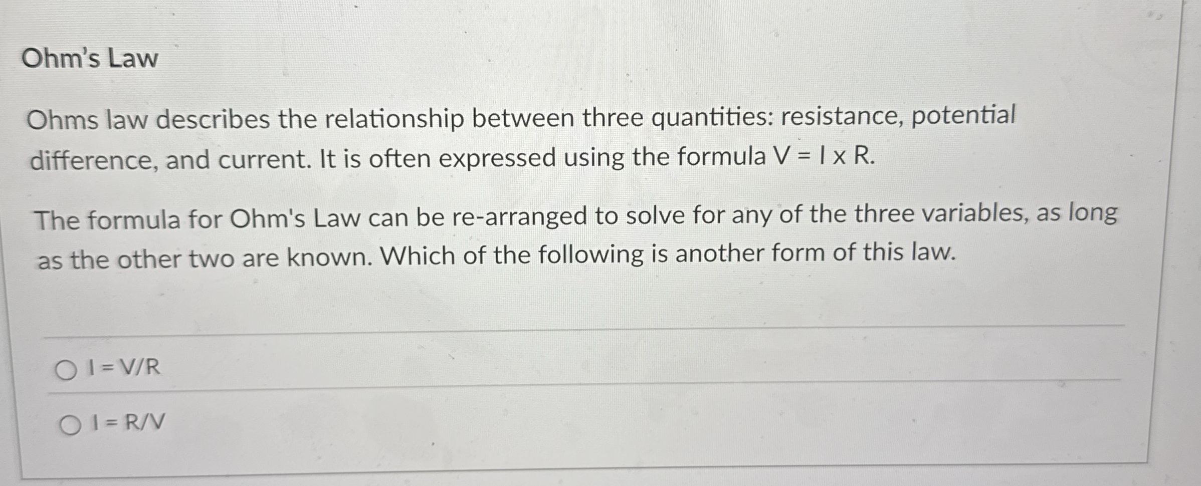 Solved Ohm's LawOhms law describes the relationship between | Chegg.com