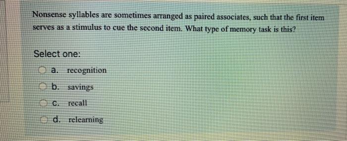 Solved The paired associates task is used to measure which | Chegg.com