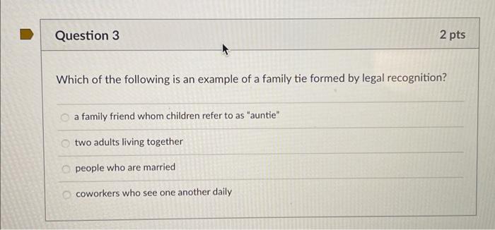 Solved Which of the following is an example of a family tie | Chegg.com