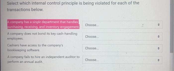 Solved Select which internal control principle is being | Chegg.com