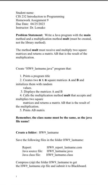 Solved Student name: CIS 232 Introduction to Programming | Chegg.com