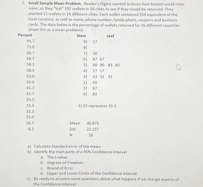 Solved 2. Small Sample Mean Problem. Reader's Digest wanted | Chegg.com