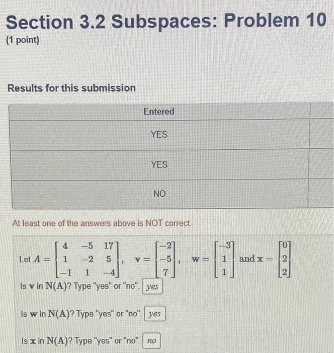 Solved Section 3.2 Subspaces: Problem 10 (1 point) Results | Chegg.com