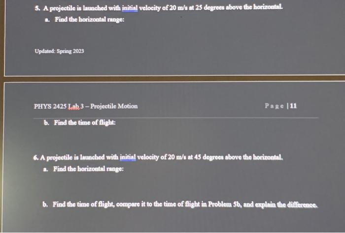 Solved PHYS 2425 Lab 3 - Projectile Motion Page |11 b. Find | Chegg.com