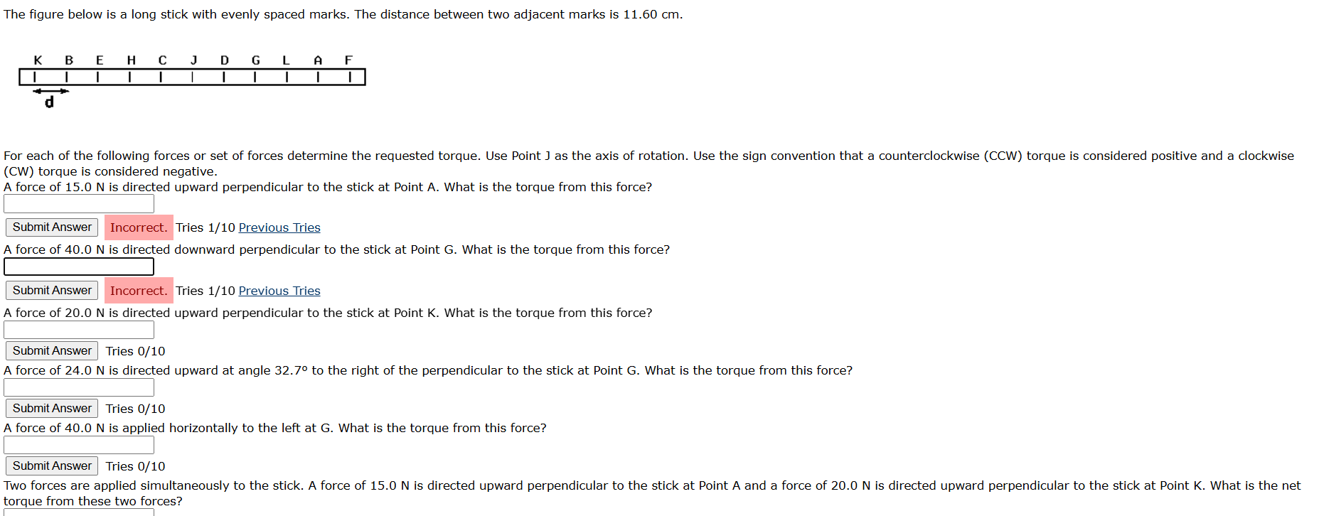 The figure below is a long stick with evenly spaced | Chegg.com