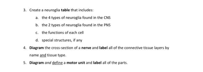 Solved 3. Create a neuroglia table that includes: a. the 4 | Chegg.com