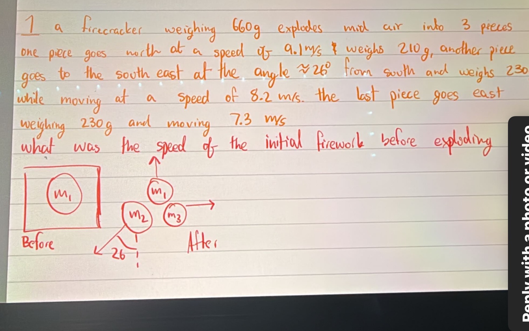 Solved 1 ﻿a firecracker weighing 660 ﻿g explodes mid air | Chegg.com