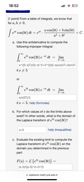 Solved (1 point) From a table of integrals, we know that for | Chegg.com