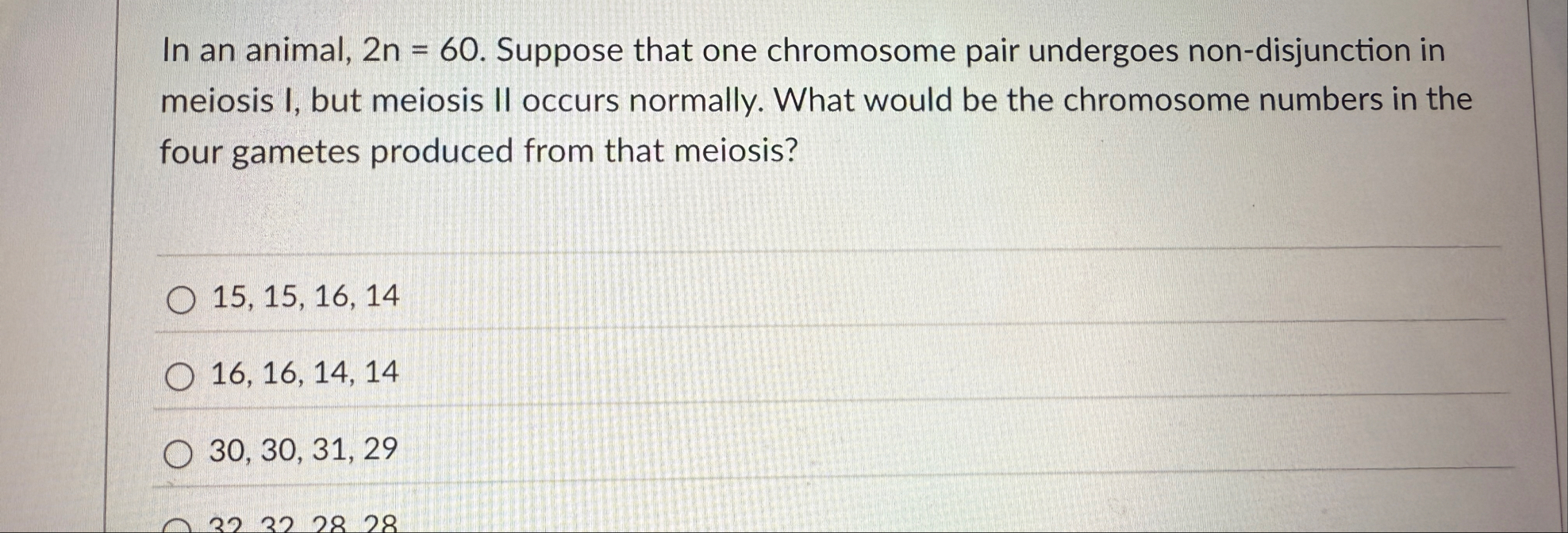Solved In an animal, 2n=60. ﻿Suppose that one chromosome | Chegg.com