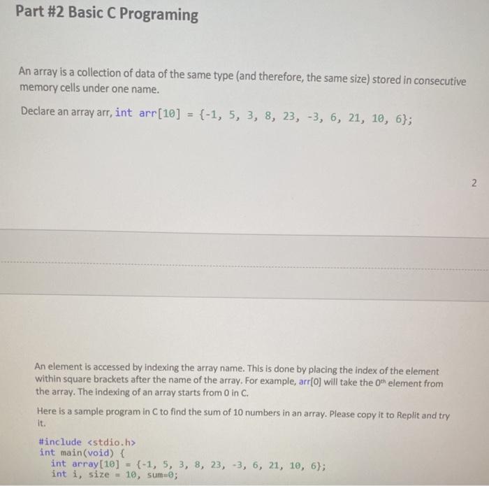 Solved Part #2 Basic C Programing An array is a collection | Chegg.com