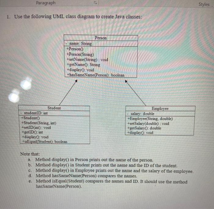 Solved Paragraph Styles 1. Use the following UML class | Chegg.com