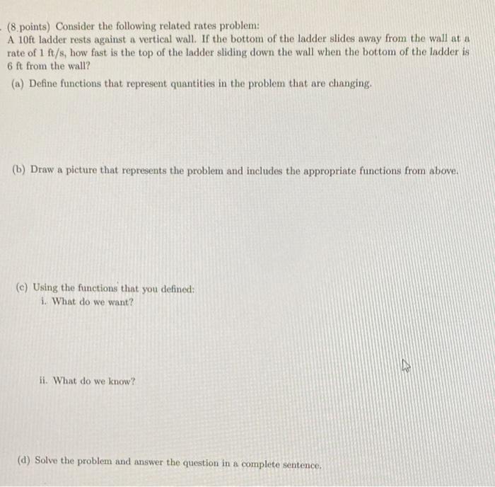Solved (8. points) Consider the following related rates | Chegg.com