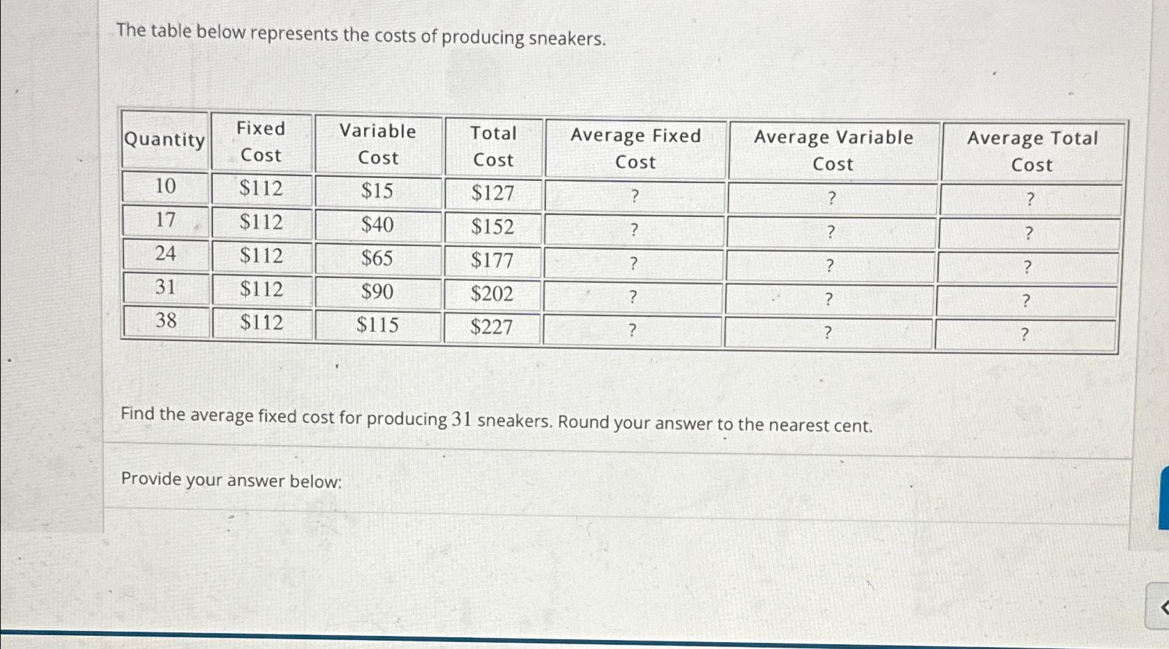 Solved The table below represents the costs of producing | Chegg.com